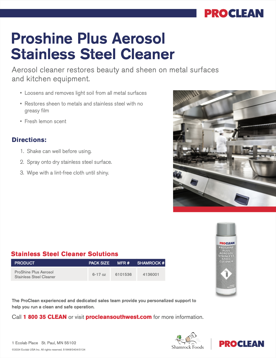 ProClean Proshine Plus Aerosol Stainless Steel Cleaner Sell Sheet